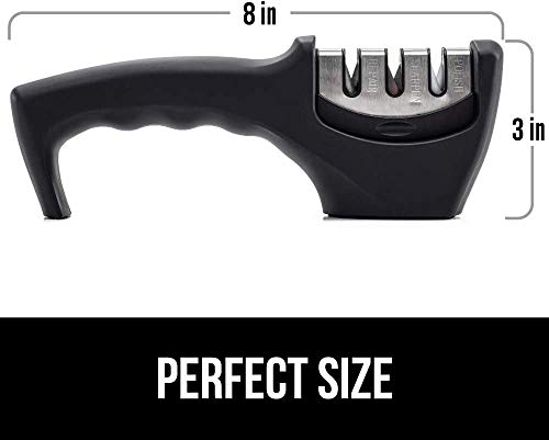 Premium Knife Sharpener, Professional Kitchen Chef 3 Slot Design, Easy Sharpening, Slip Resistant Grip, Safely Sharpen Knives, Restore Dull Knife for A Sharp Edge, Jet Black
