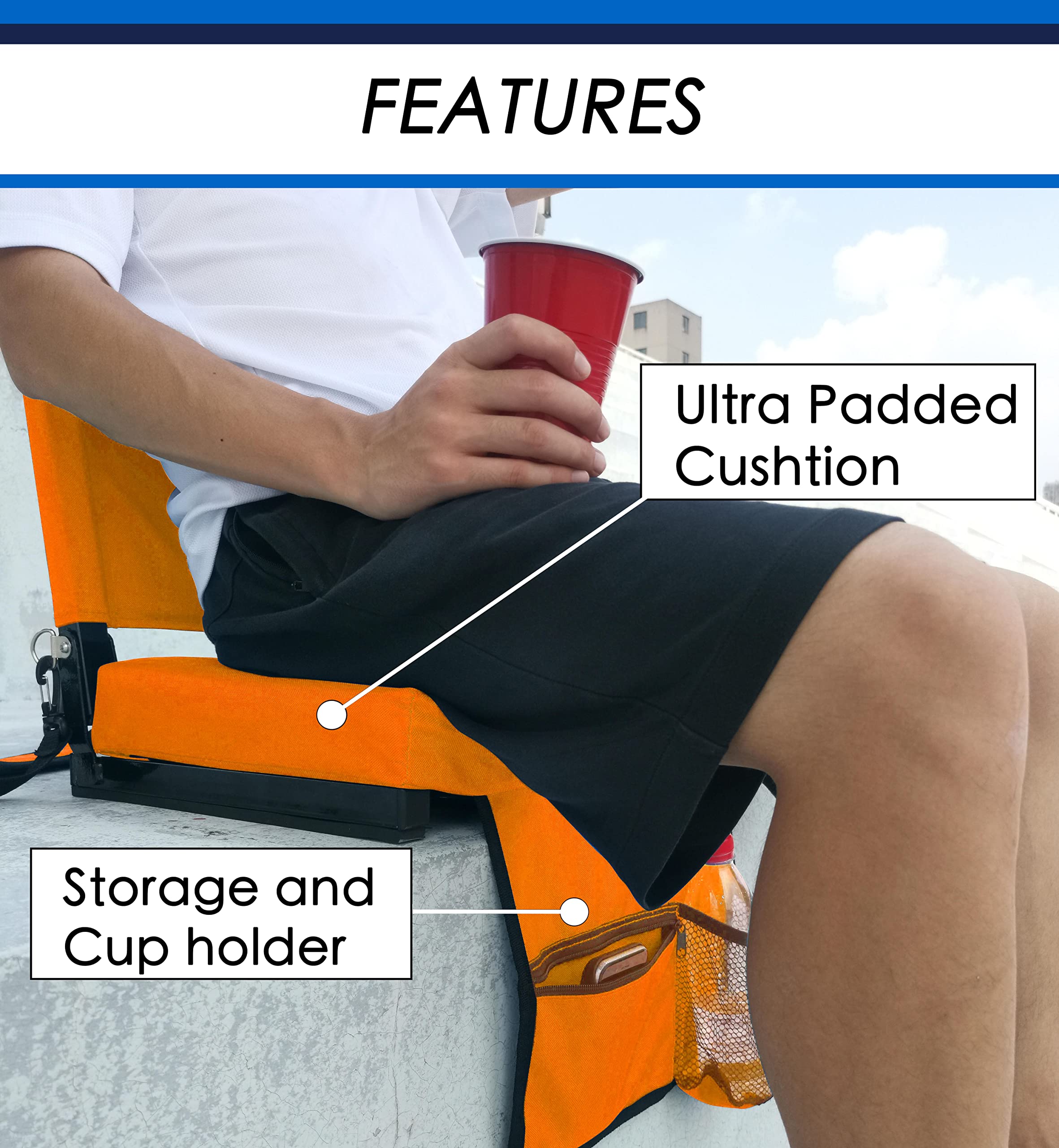 SPORT BEATS Stadium Seat for Bleachers with Back Support and Wide Padded Cushion Stadium Chair - Includes Shoulder Strap and Cup Holder
