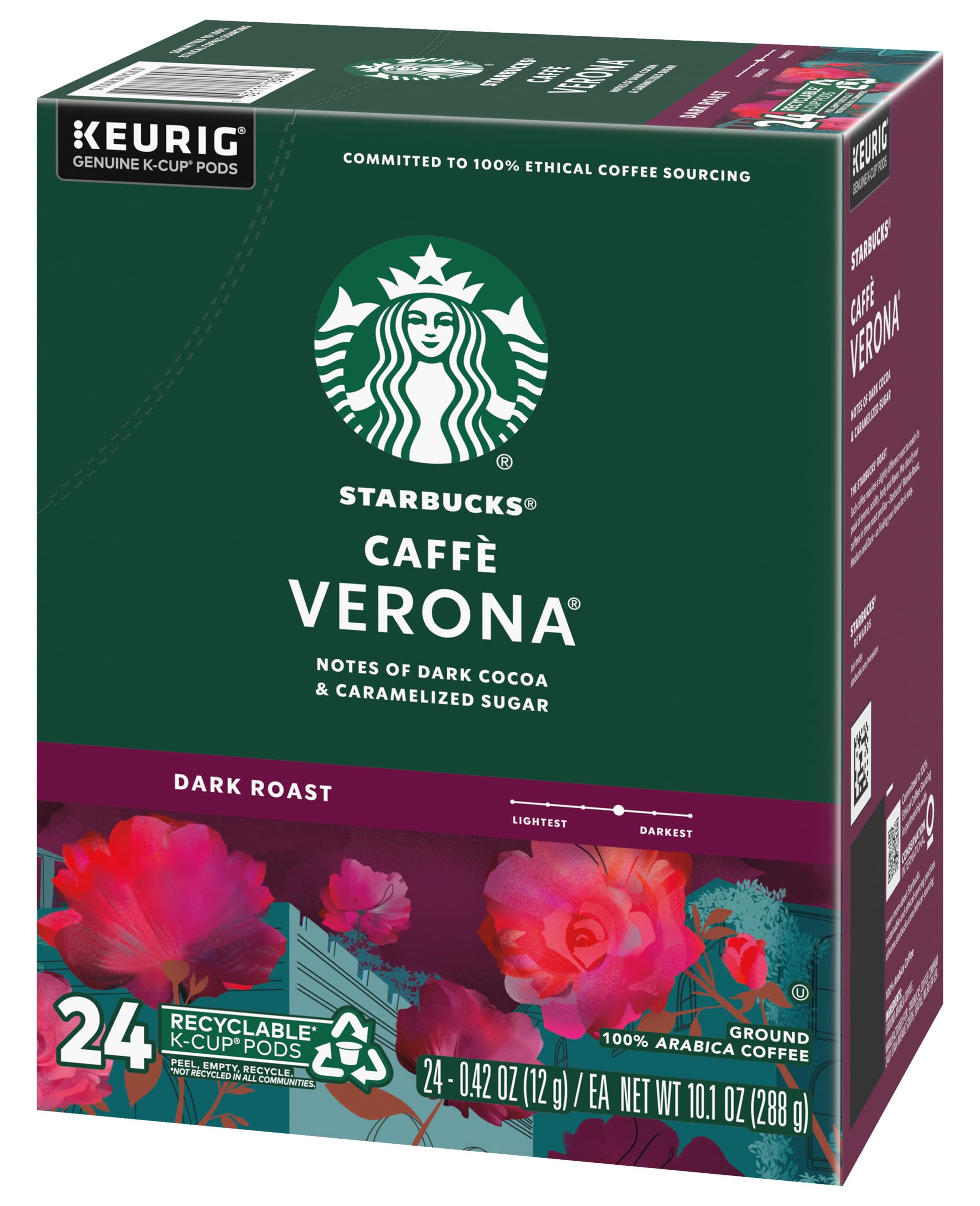 Starbucks Coffee K-Cup Pods, Caffè Verona, Dark Roast Coffee, Notes of Dark Cocoa & Caramelized Sugar, Keurig Genuine K-Cup Pods, 24 CT K-Cups/Box (Pack of 2 Boxes)