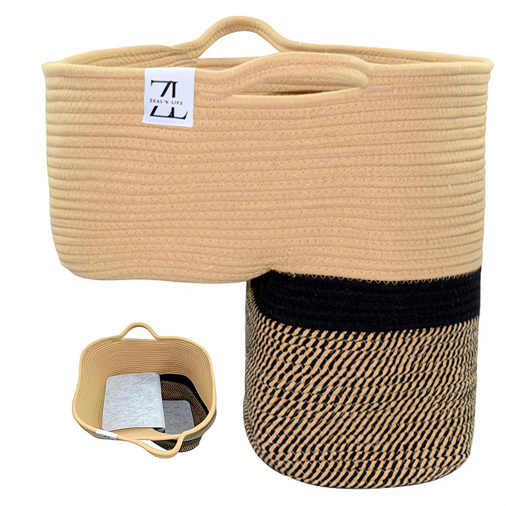 Rope Stair Basket for Carpeted and Wooden Stairs - Rope Basket with Handles - Cotton Rope Storage Basket - Collapsible Basket for Stairs With Felt Sheet Internal Support (Large, Cotton Rope Brown)