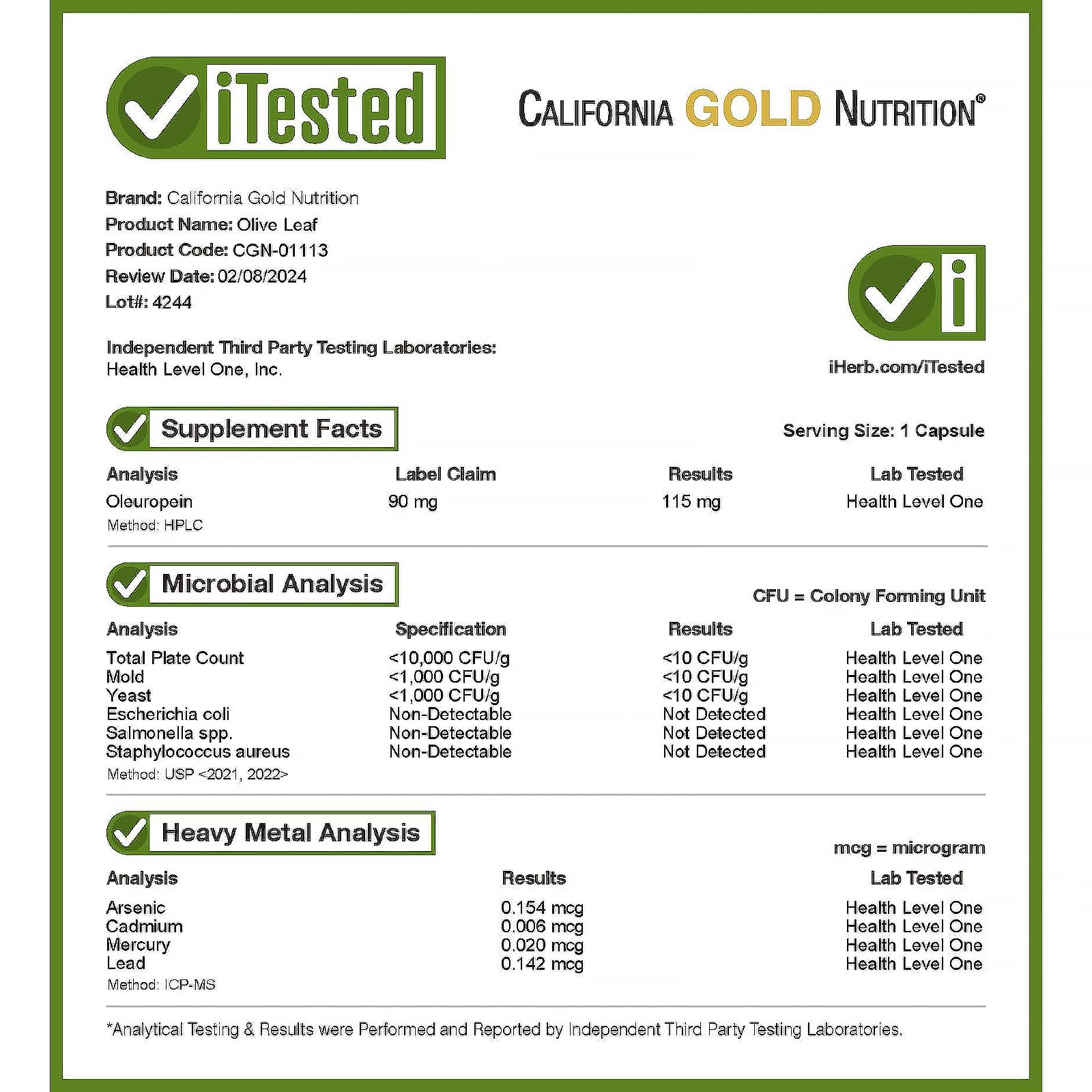 Olive Leaf Extract 500 mg, 18% Oleuropein, Processed in Spain, 3rd Party Tested European Quality, 60 Veggie Capsules, California Gold Nutrition EuroHerbs