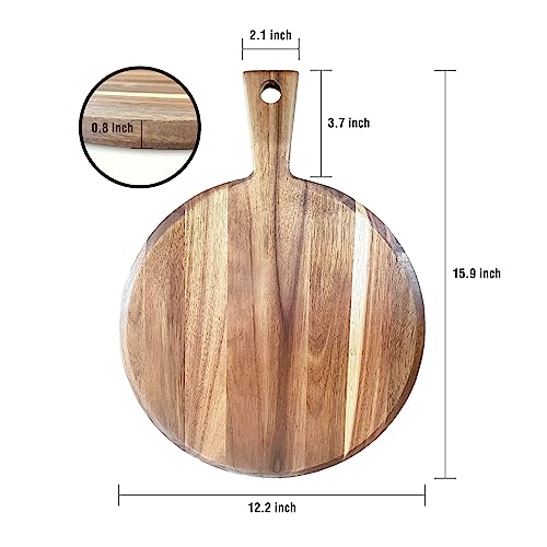Vees Goods Acacia Wood Cutting Board with Handle - Kitchen Round Cutting Board Set includes Glove and Towel - Great Use for Pizza, Charcuterie, Chopping Board - Size (15.9β x 12.2β)