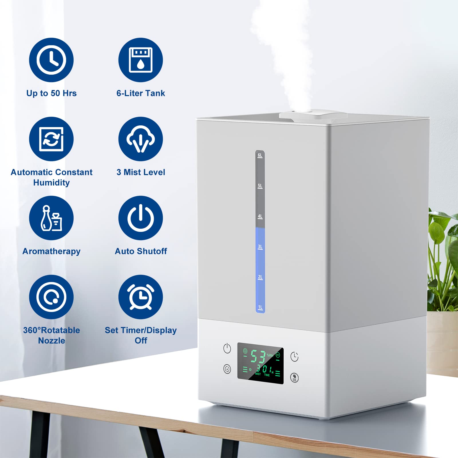 WOAEDMBY 6L Humidifiers for Bedroom Large Room, Cool Mist Humidifiers for Baby Nursery Plants with Essential Oils Diffuser, 360°Rotatable Double Spray Outlet Nozzle, Auto-Shut Off,Sleep Mode