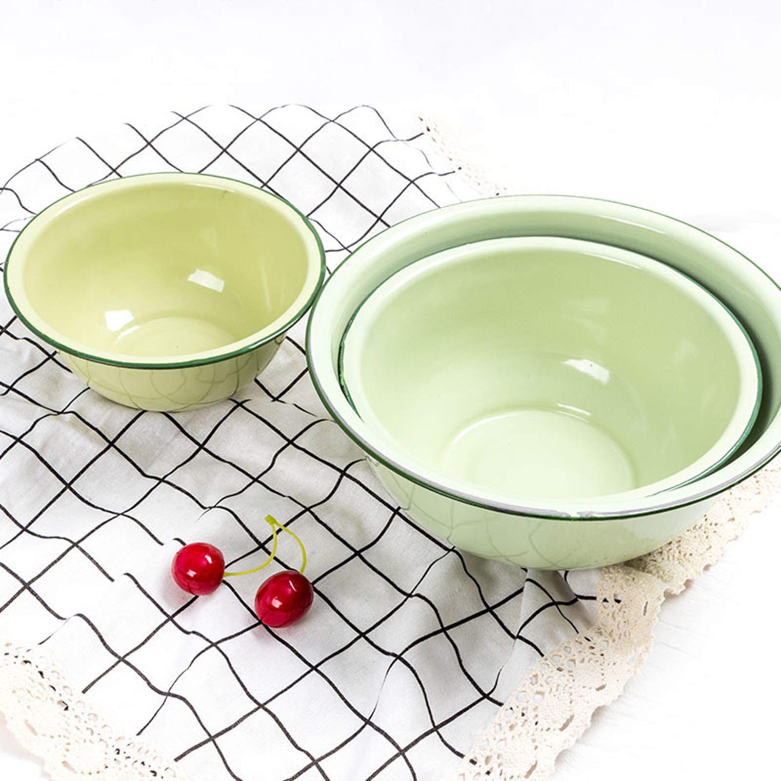 Walbest 1Pc Enamelware Bowl, Chinese Enamel Bowl Mixing Bowl for Kitchen, Dinner Bowls for Ramen, Salad, Soup, Pasta, Cereal, Noodle, Pho, Rice, Snack, For Kids Green L - 8.66" x 3.94"