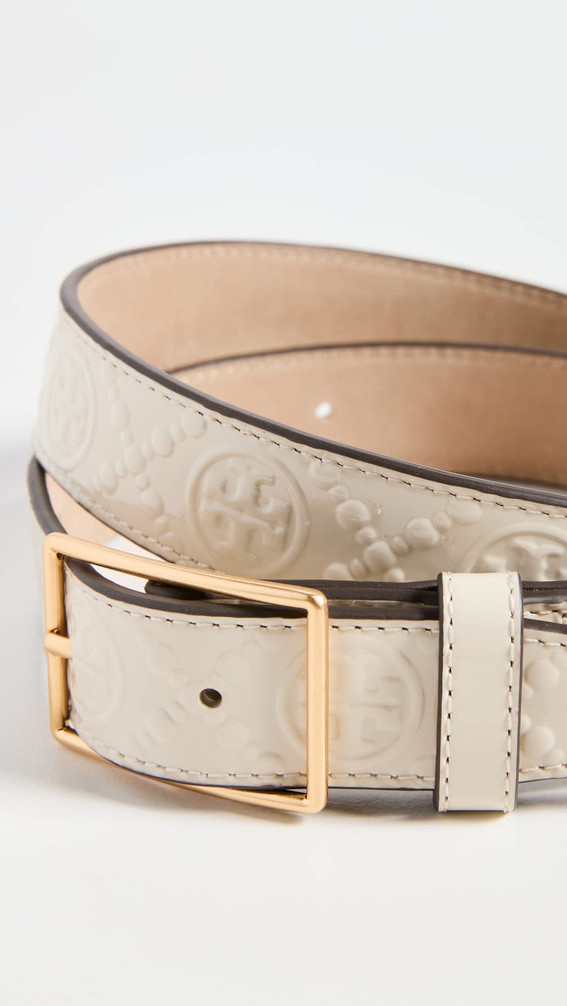 Tory Burch Women's T Monogram Patent Belt, Fossil, Off White, L