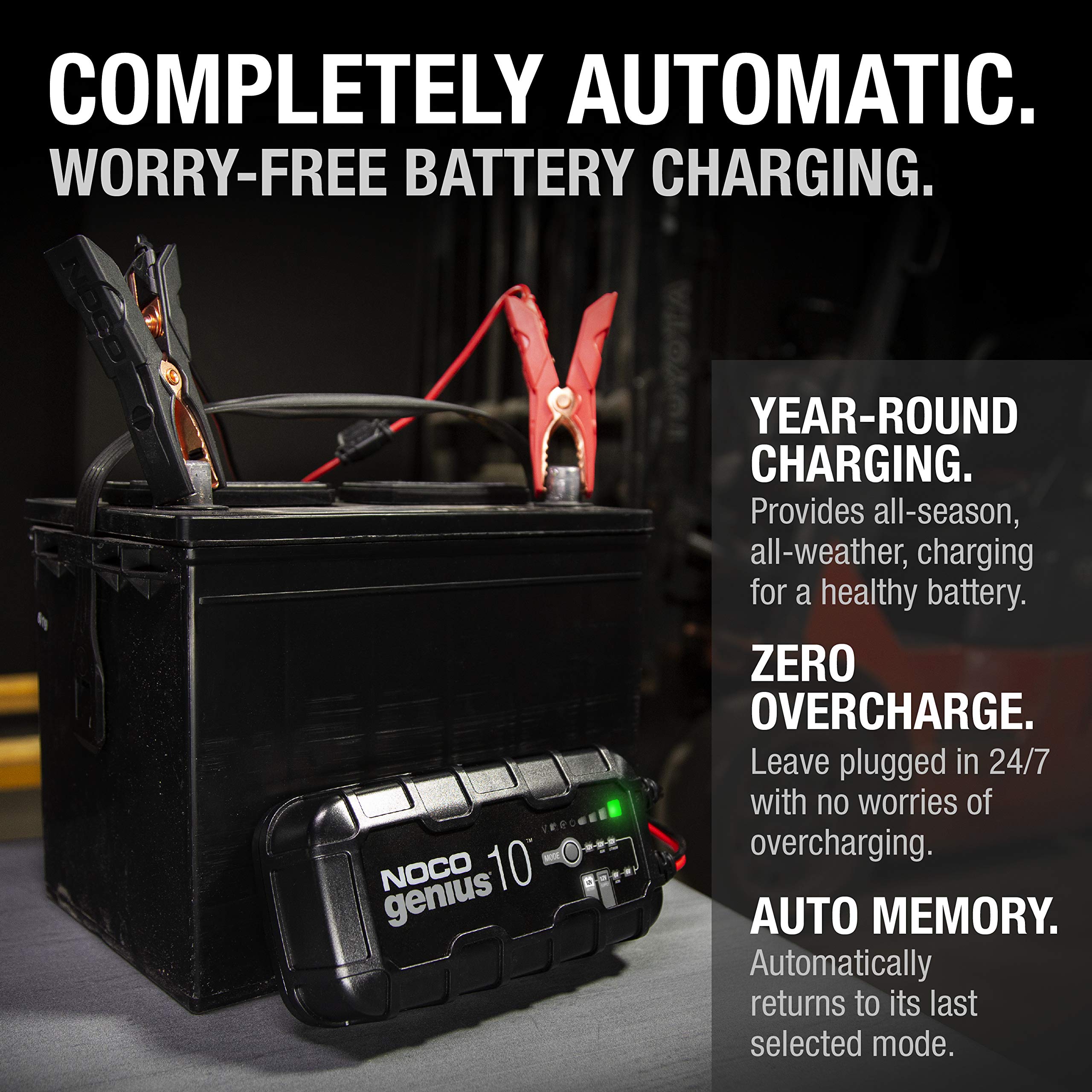 NOCO GENIUS10, 10A Smart Car Battery Charger, 6V and 12V Automotive Charger, Battery Maintainer, Trickle Charger, Float Charger and Desulfator for Motorcycle, ATV, Lithium and Deep Cycle Batteries
