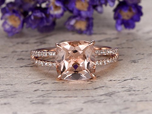 Pink Morganite Engagement Ring,8mm Cushion Cut Stone,Solid 14K Rose Gold,Split Shank Band
