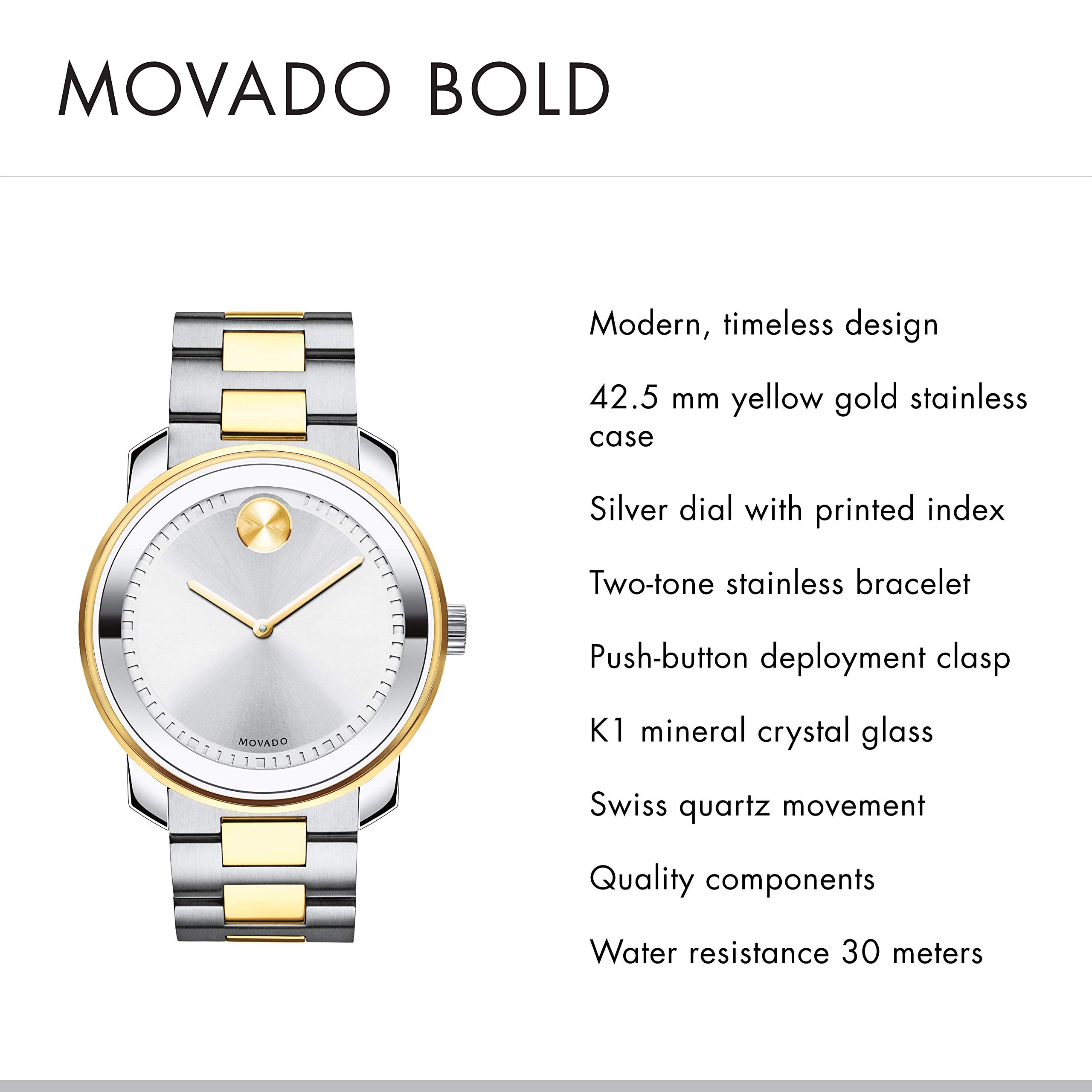 Movado Men's BOLD Metals Two-Tone Watch with a Printed Index Dial, Silver/Grey/Gold (3600431)