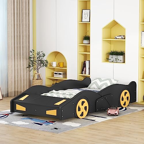 Morhome Twin Size Race, Car-Shaped Platform Wheels and Storage, Bed for Kids, Girls, Boys, Black+Yellow