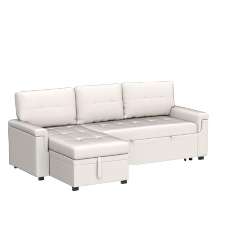 Naomi Home Diora Sectional Sleeper Sofa - Elegant L-Shaped Couch Convertible Pull-Out Bed, Ample Storage, Timeless Design, Sturdy Construction, Long-Lasting for Modern Living, Air Leather, White