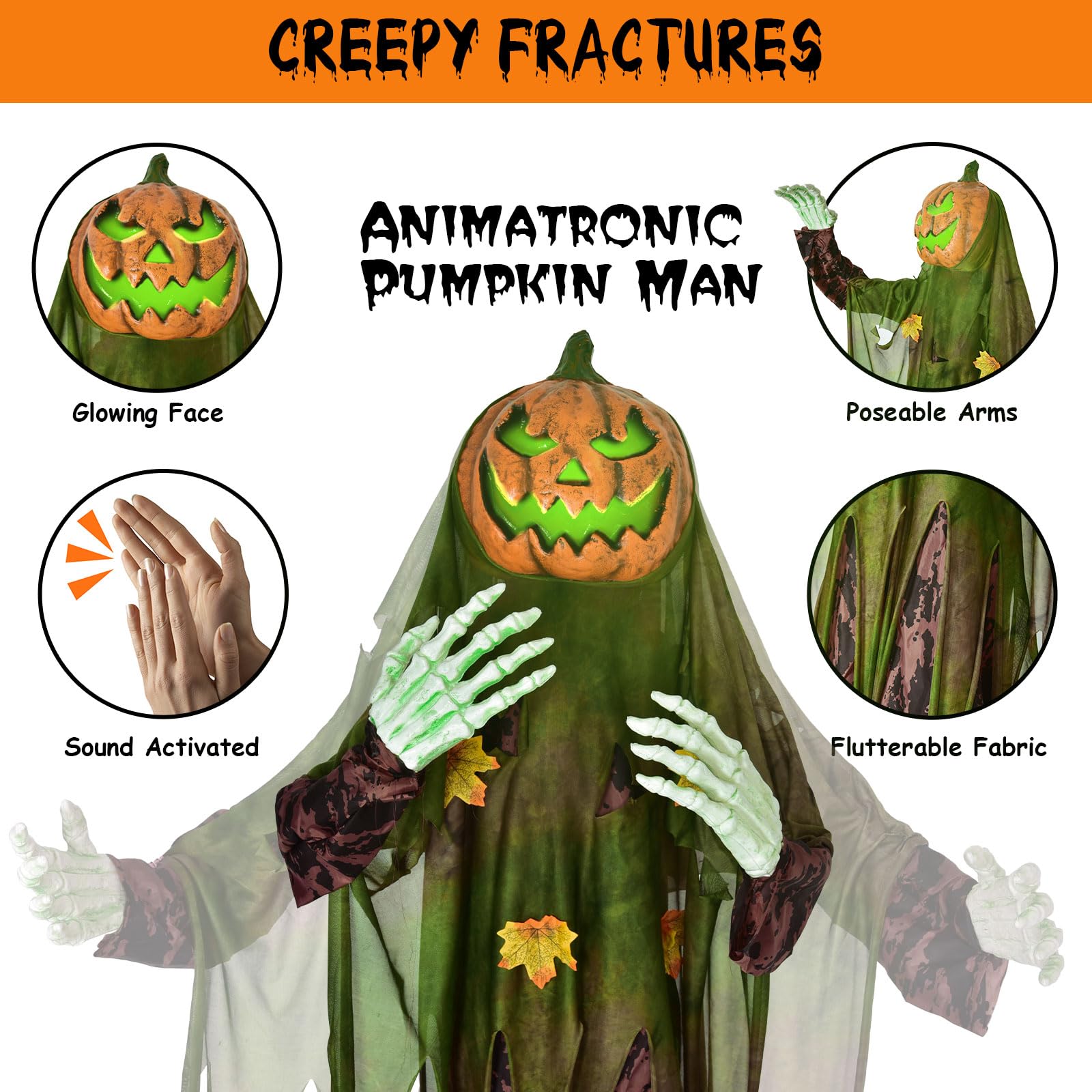 Presence Halloween Standing Pumpkin Man with Lights& Sounds, Outdoor Indoor Pumpkin Clearance Spooky Jack O' Lantern Props Decor Lawn Backyard Garden