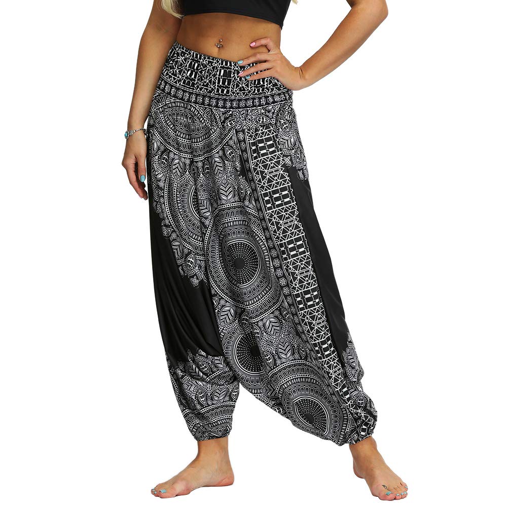 Xixiuly Women's Drop Crotch Hippie Harem Pants Boho Pattern High Waist Baggy Yoga Trousers Lounge Beach Brown ONE Size