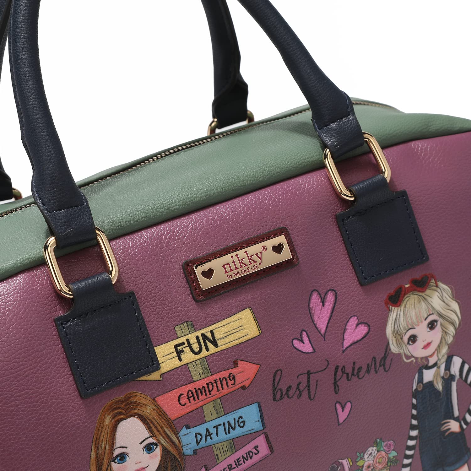 Nicole Lee Nikky Twins Boston Bag, Medium Vegan Leather Handbag with BFF Fashion Print