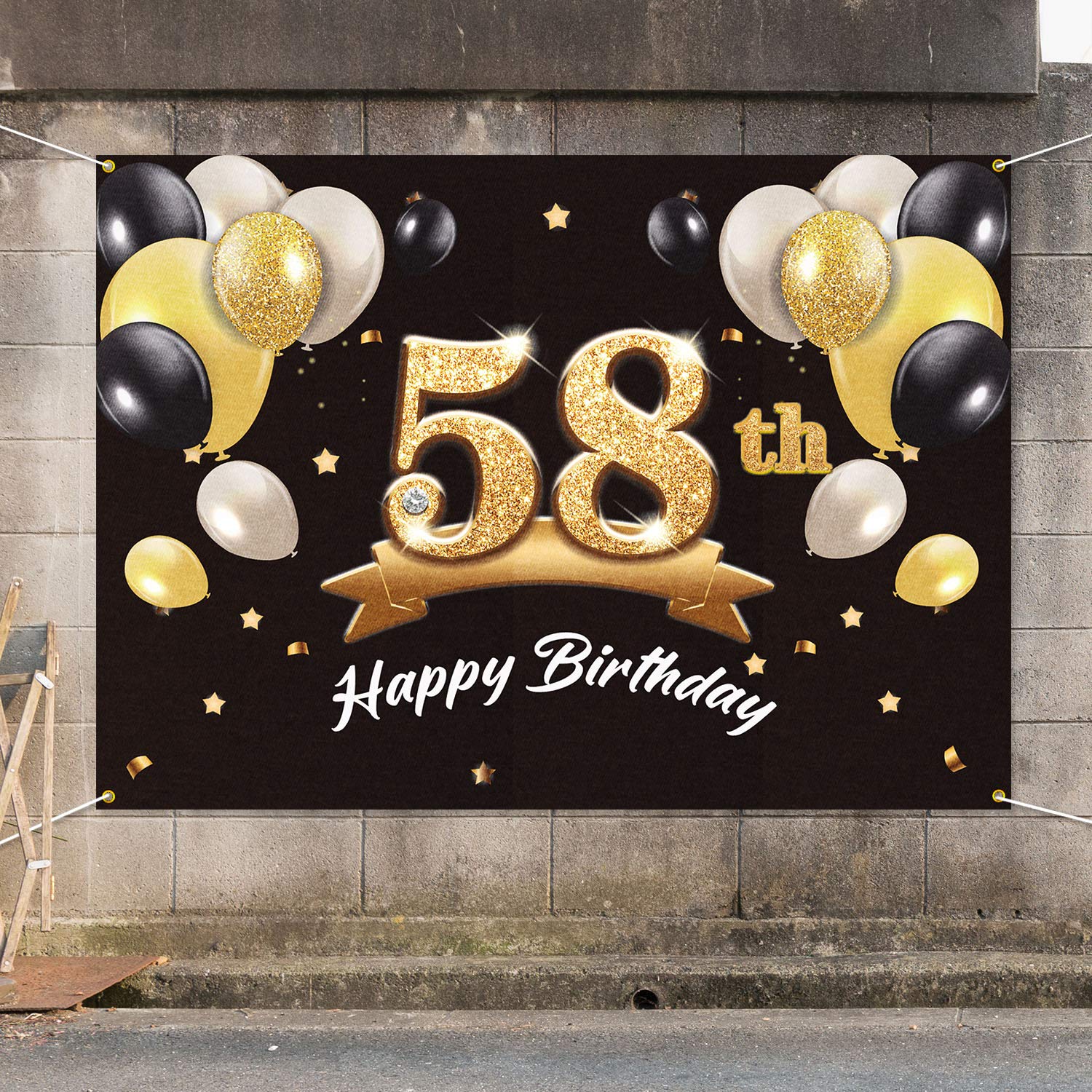 PAKBOOM Happy 58th Birthday Banner Backdrop - 58 Birthday Party Decorations Supplies for Men - Black Gold 4 x 6ft