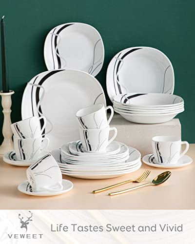 VEWEET Fionaglas 30-Piece Dinnerware Set Ivory White Opal Glassware, Break Resistant Dinner Sets with Dessert Plates/Soup Plates/Dinner Plates/Cups/Saucers Service for 6