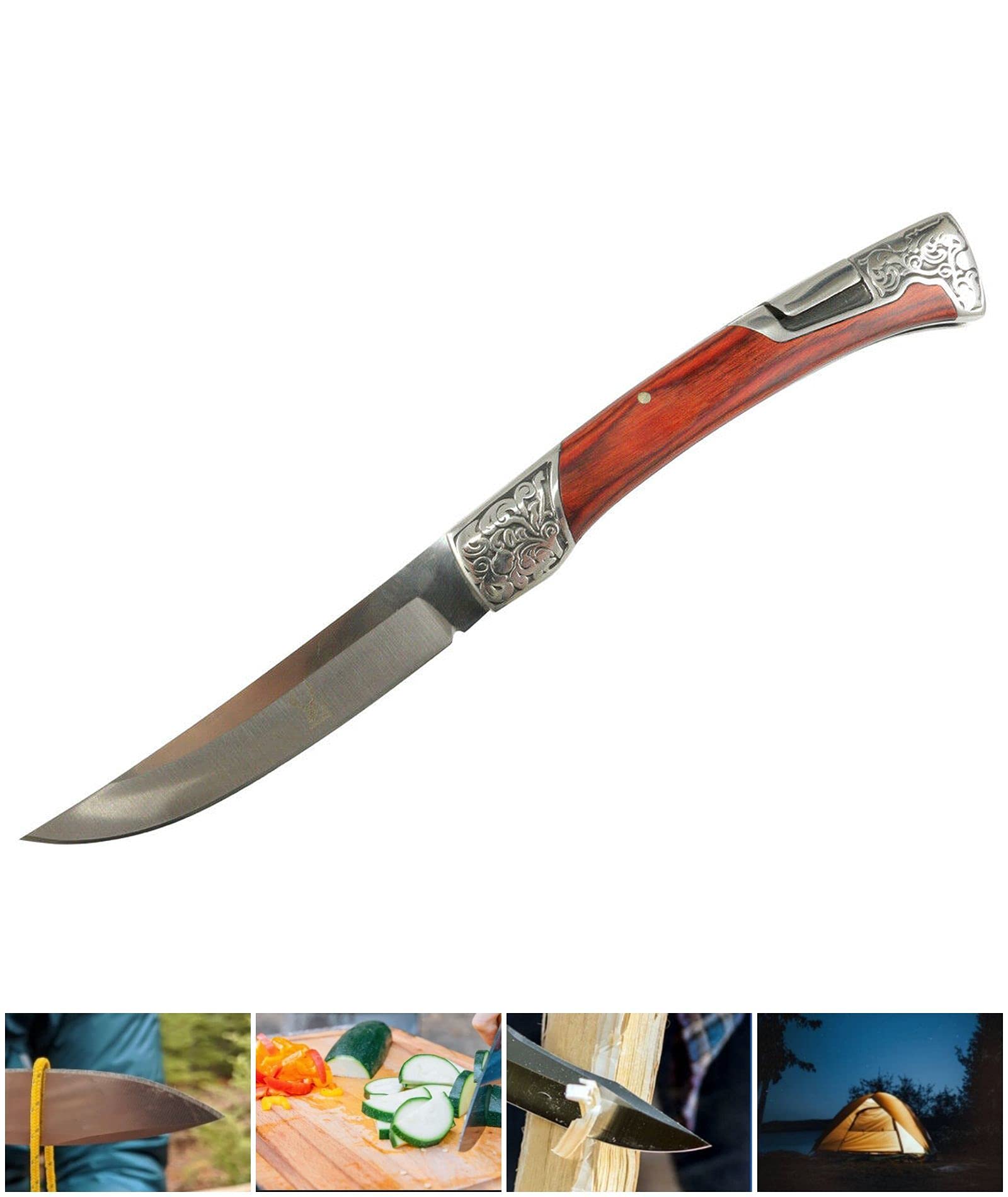 Theboneedge Red Rosewood Handle Engraved Design 9" Open Folding Pocket Knife 3cr13 Steel Outdoor Survival Hunting Knife for Camping by Survival Steel