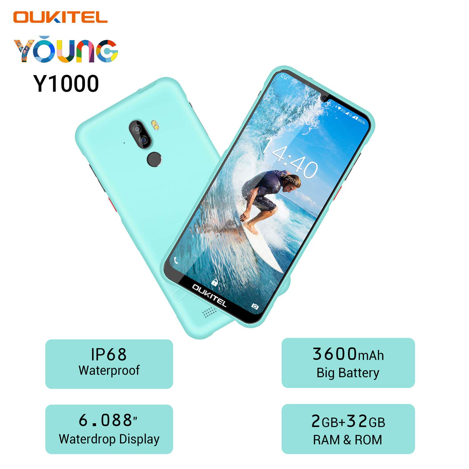 OUKITEL Y1000 Unlocked Phones, Rugged Smartphone Android 9.0 Phones IP68 Waterproof 6.1" 32+2GB/128GB Expandable Face ID&Fingerprint Unlock Dual Sim Phone(Light Blue)