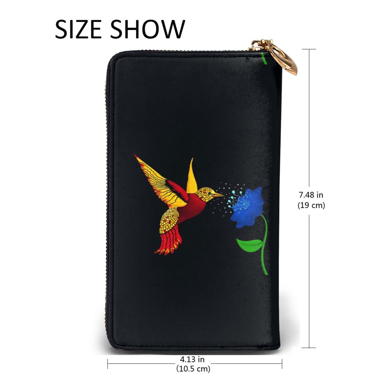 Women Zip Around Long Wallet Hummingbird Black Printed Credit Card Holder Wallet