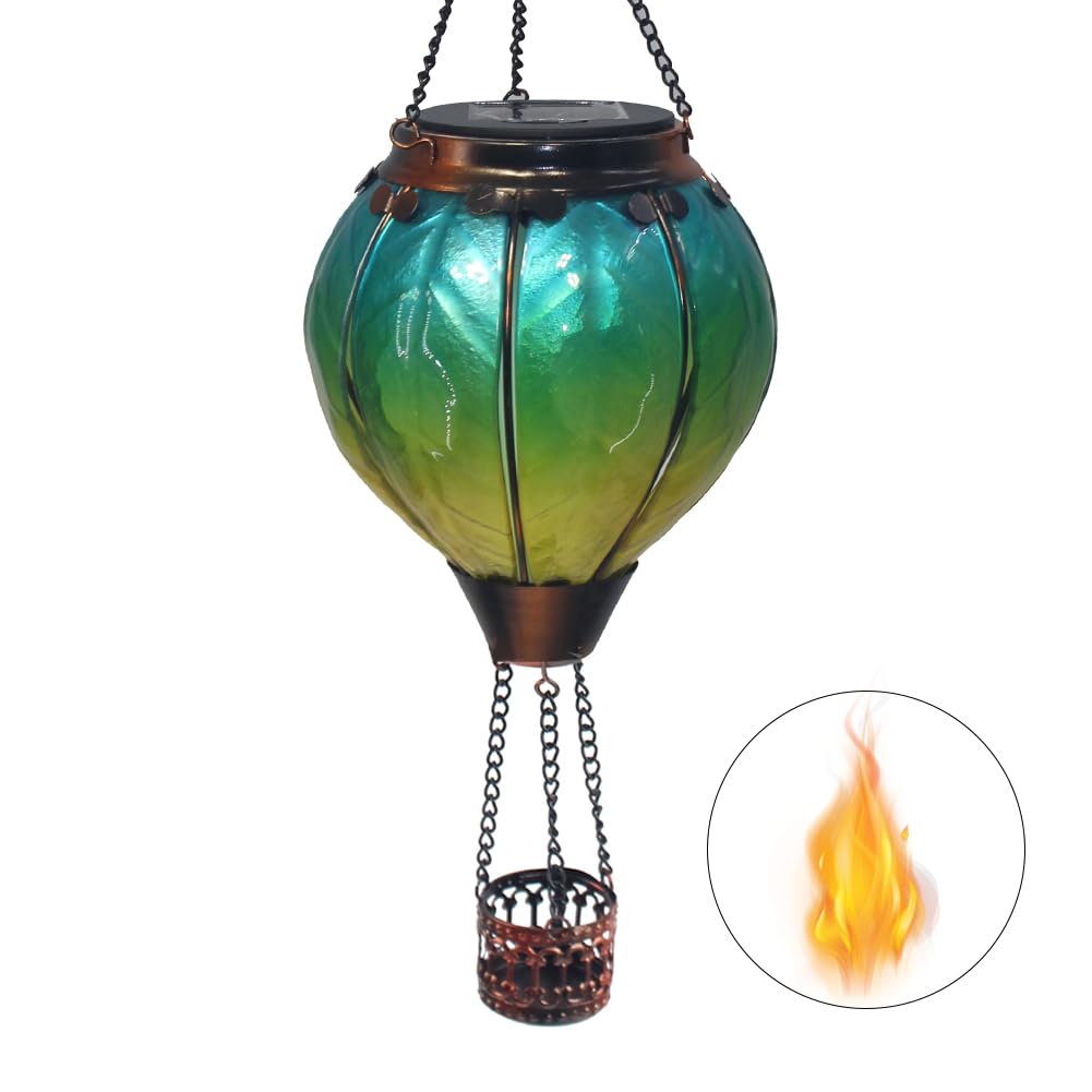 OUISJYER Hot Air Balloon Solar Lantern with Flickering Flame Hanging Solar Lanterns Outdoor Lights Waterproof Lanterns Decorative Garden Patio Yard Party Decor Green