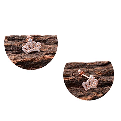 Paialco Sterling Silver Tiny Crown Cubic Zirconia Studs Earrings for Women, Rose Gold Plating