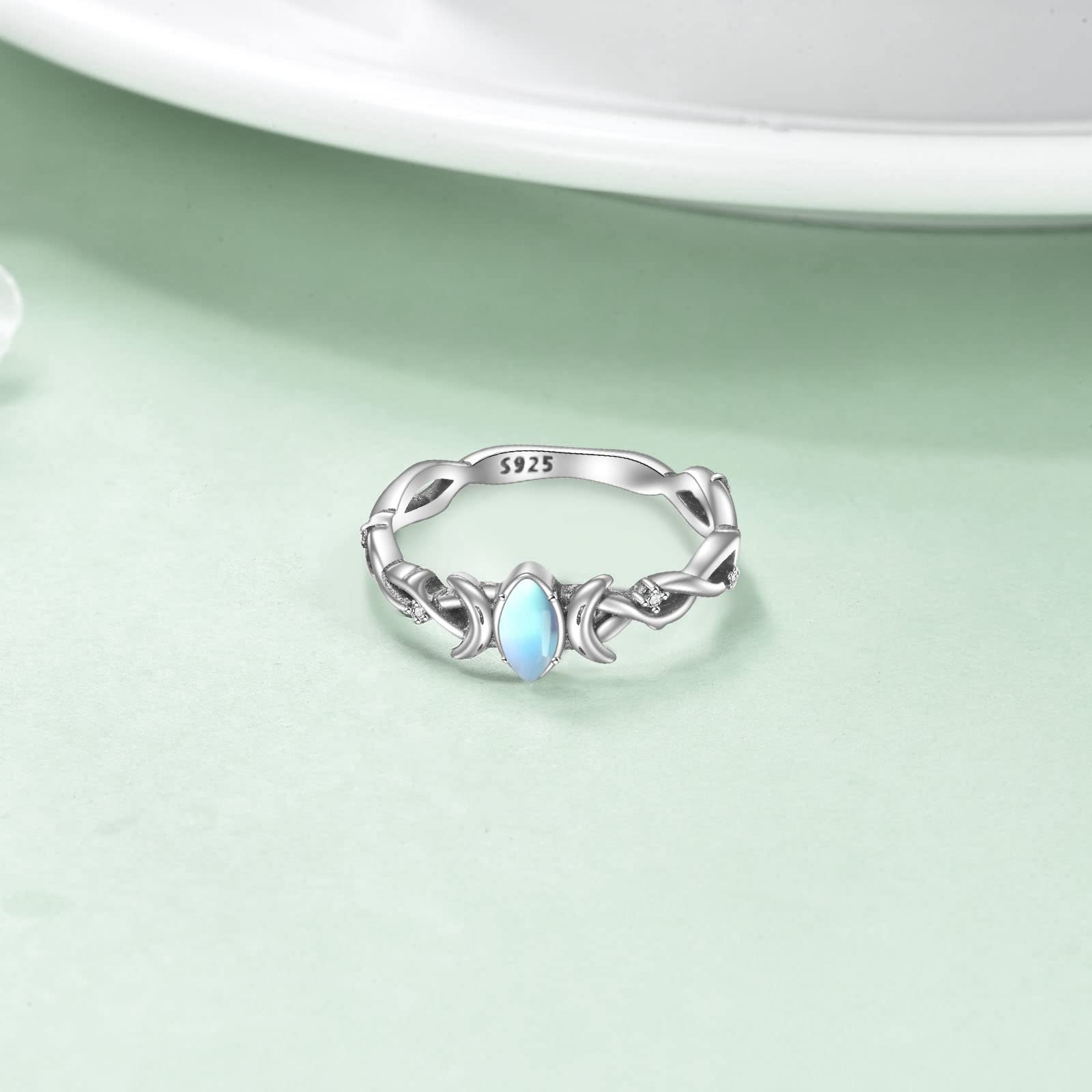 YFN Triple Moon Goddess Ring Sterling Silver Moonstone Rings Wiccan Pagan Jewelry Gifts for Women