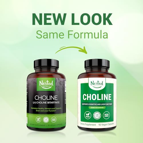 Nested Naturals Choline Bitartrate 500mg | High Potency Choline Supplements | Supports Cognitive Performance & Liver Function | 100% Vegan & Non-GMO Choline | 90 Vegan Capsules