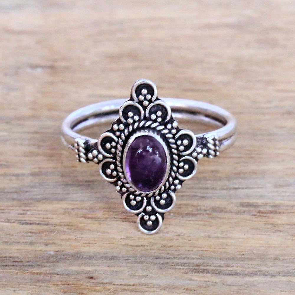 NOVICA Artisan Handcrafted Amethyst Cocktail Ring from Bali Sterling Silver Indonesia Birthstone Geometric [crownbezel 0.2 in H x 0.7 in W x 0.5 in D Band Width 3 mm W] ' Daydream Temple'