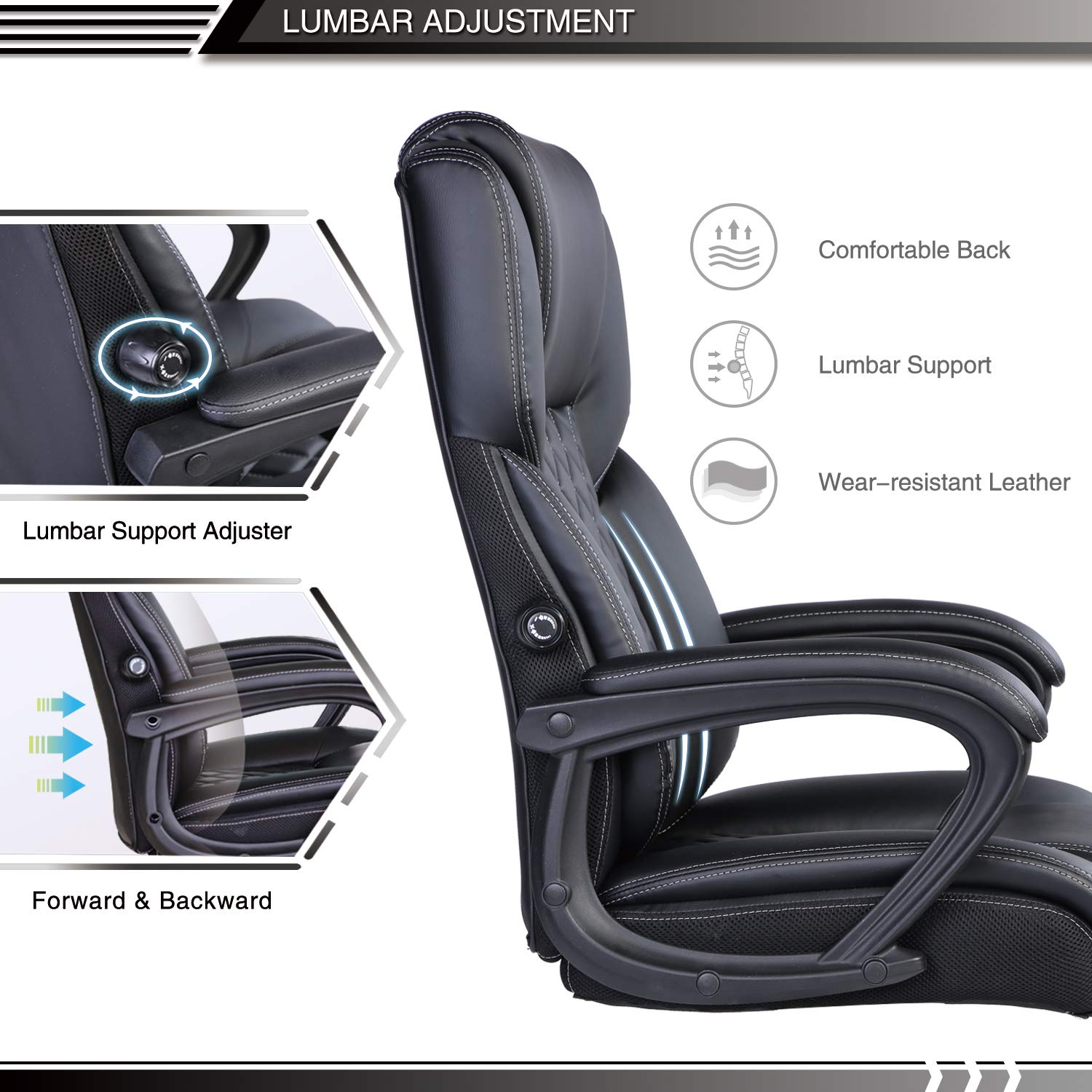 Ptoulemy Big and Tall Office Chair 300lbs Heavy Duty Computer Ergonomic Desk Chair 360 Swivel Task Chair Executive Leather Office Chair with Adjustable Lumbar Support (Black)