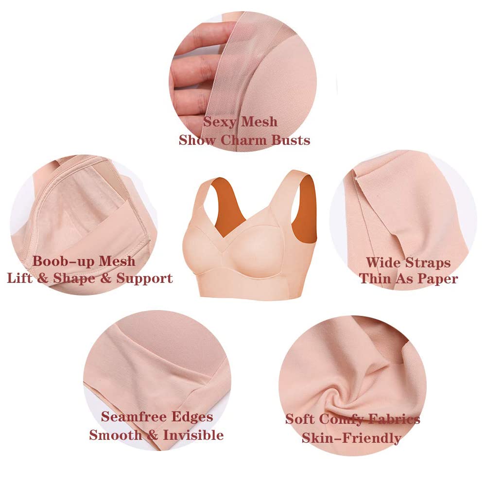 Seamless Mesh Lace Bras for Women Wirefree Comfortable Padded Lift Push Up Thin Soft Back Smoothing Sleep Leisure Pullover Bralettes Plus Size for Large Breasts (169 Sleep Pink, S, s)