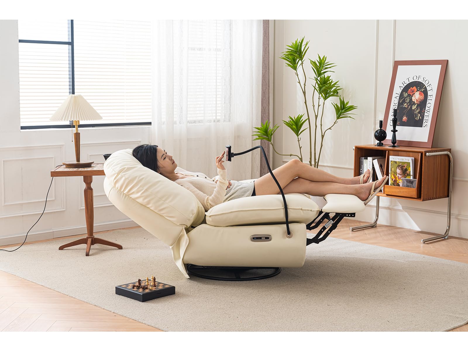 Power Glider Rocker Recline Chair, 360°Swivel Lift Electric Sofa with Cellphone Holder, Voice Wake-Up Function, USB Charger Port, Bluetooth Music Player Function Chair for Living Room (white)