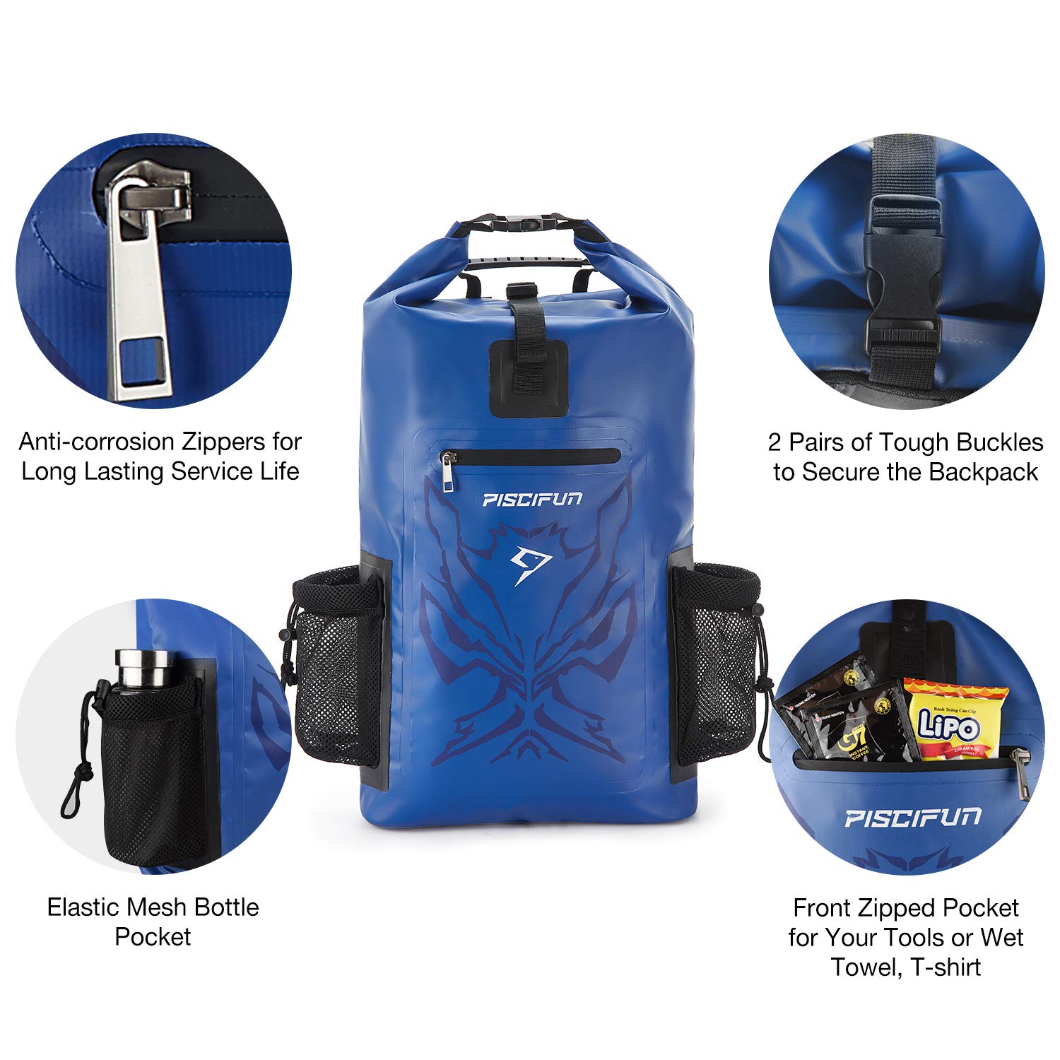 Piscifun Angry Face Dry Bag with Waterproof Phone Case, Waterproof Dry Backpack for Men and Women, Floating Dry Bag Backpack 20L Blue