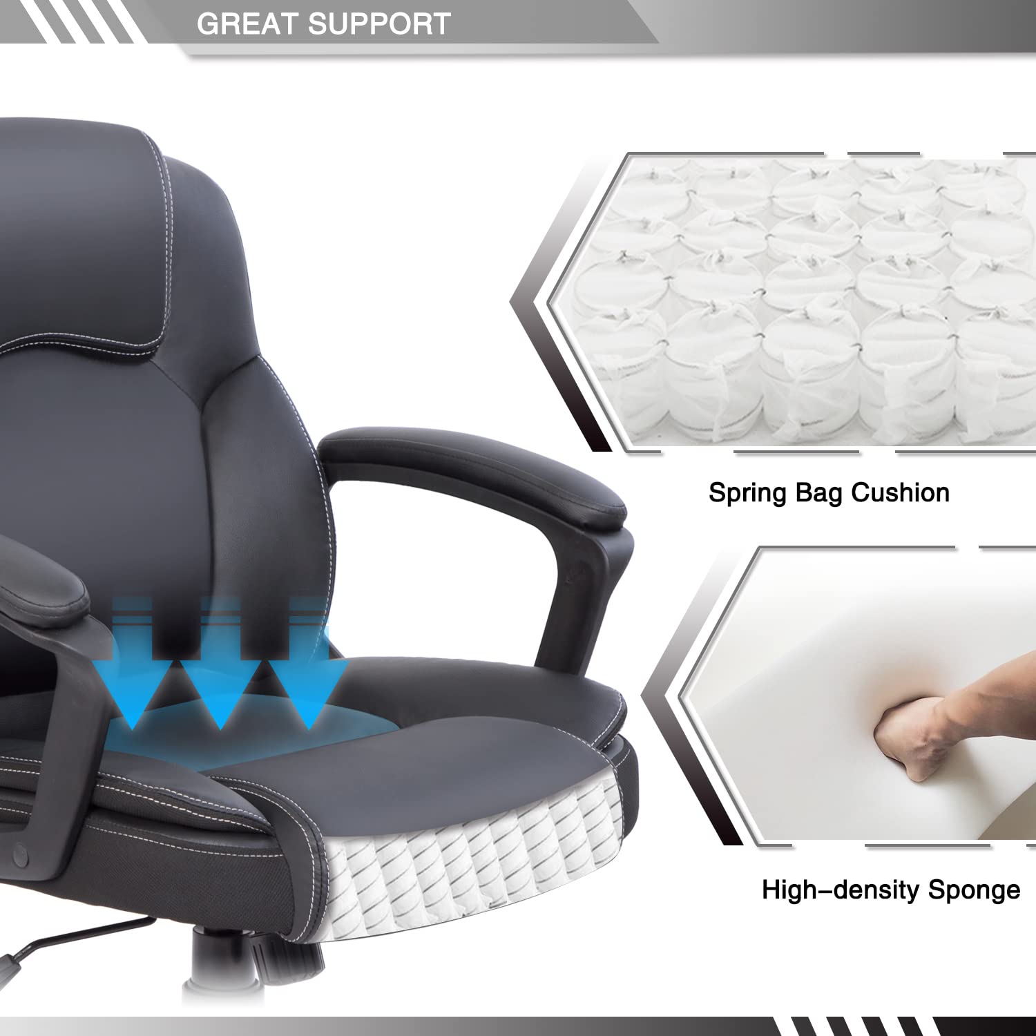 PTOULEMY Office Chair with Spring Cushion Computer Executive Desk Chair 360 Swivel Task Chair with arms PU Leather Ergonomic Chair