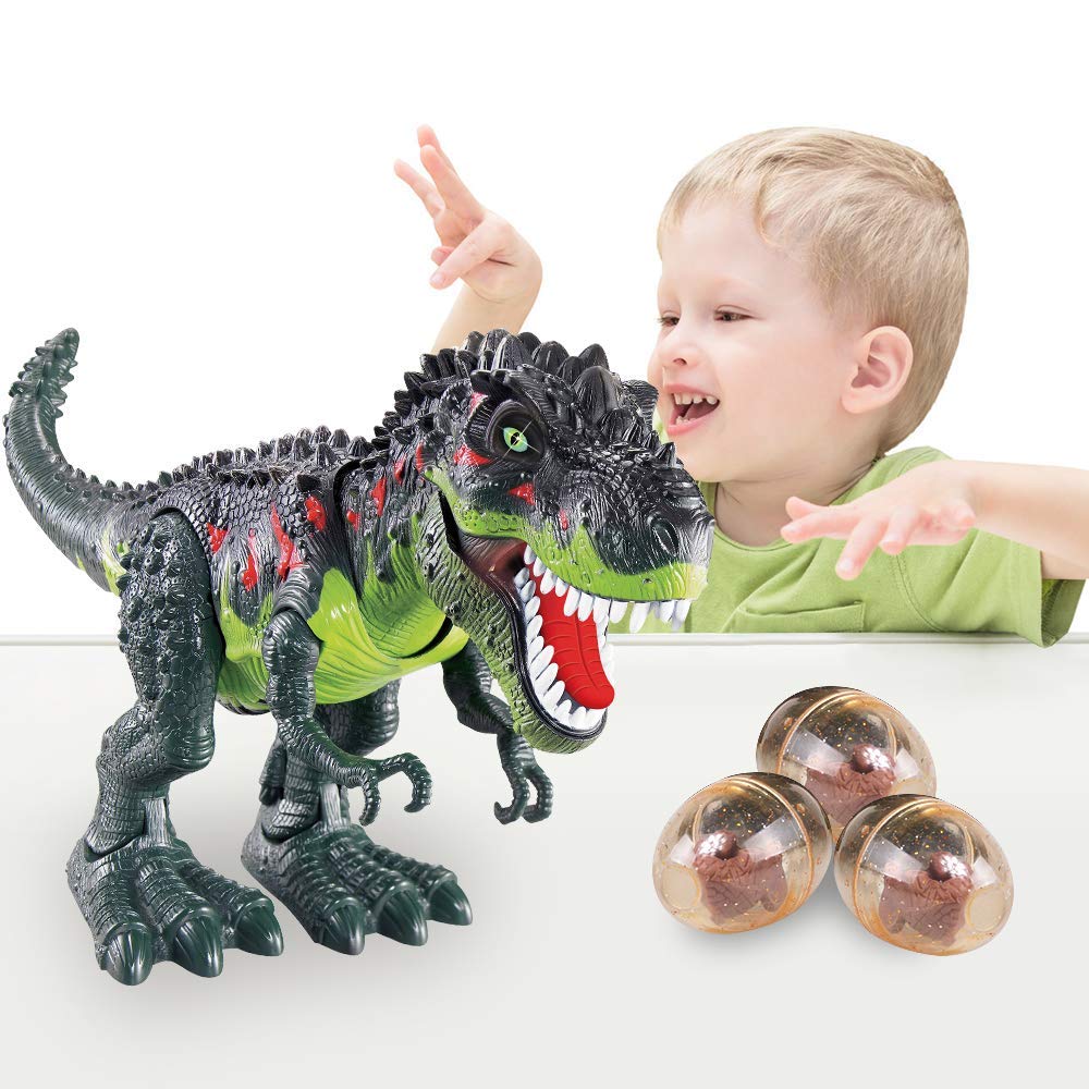 WESPREX Remote Control Dinosaur Toy: Walking T-Rex, Flame Spray, Laying Eggs, Light-Up Eyes, Roaring Sound, 6 Pull Back Cars - for Ages 3+