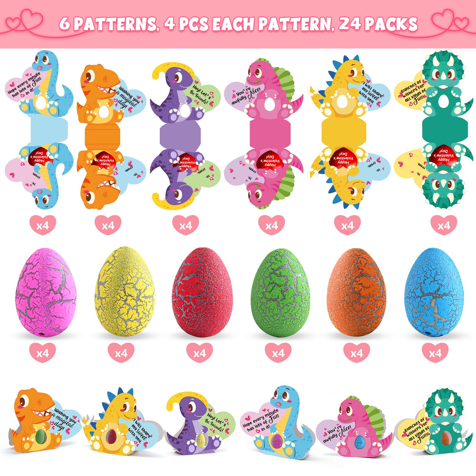 SURCVIO 24 Pack Valentines Day Gifts for Kids, Dinosaur Egg with Dinosaur 3D Greeting Cards for Kids, Valentine's Day School Prize Party Favor, Classroom Exchange Gift Set