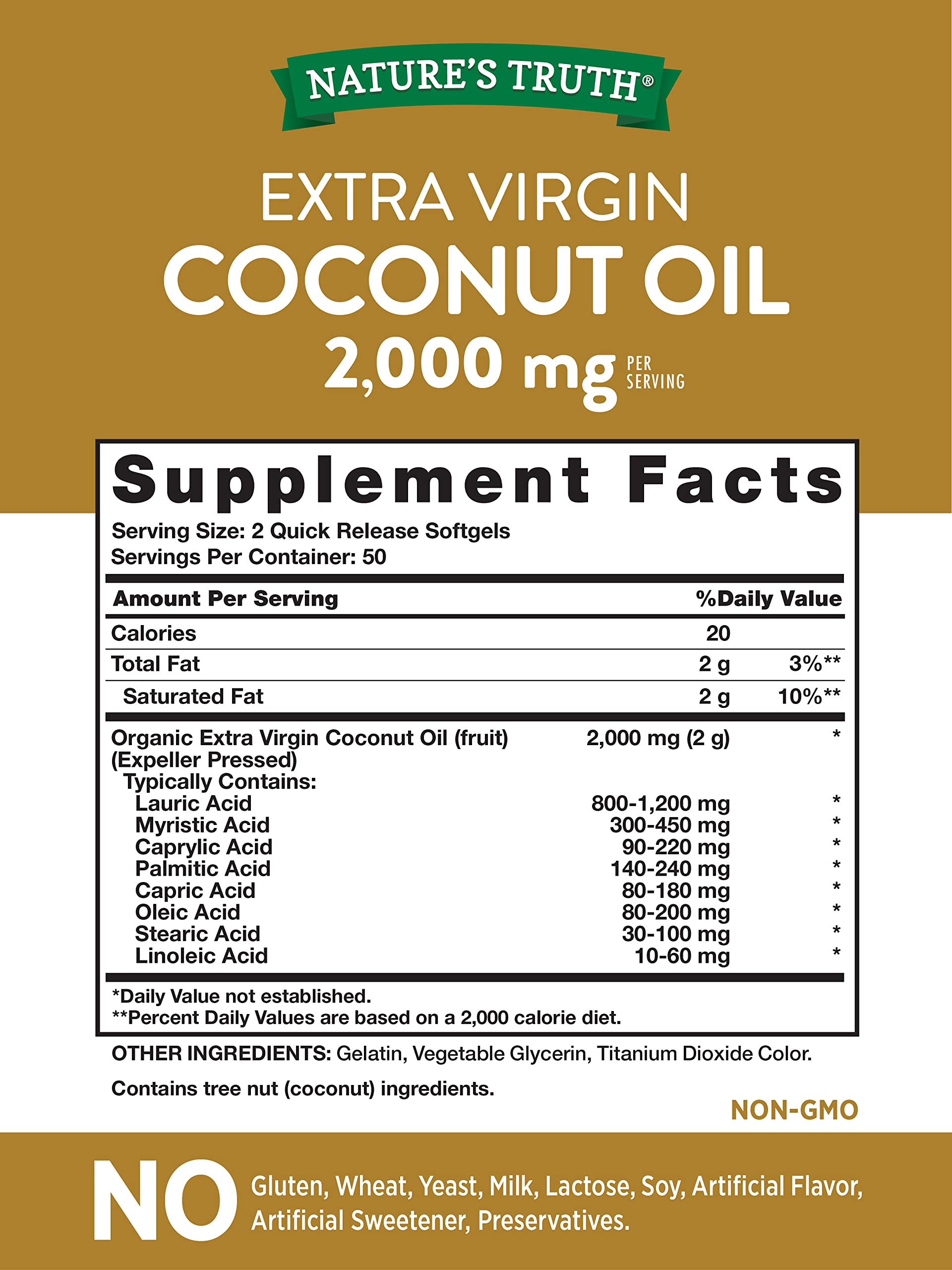 Nature's Truth Coconut Oil Capsules | 100 Softgels | Naturally Occuring MCTs | Non-GMO & Gluten Free