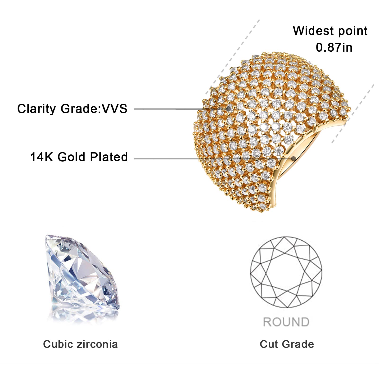 sineed Cubic Zirconia Rings 14K Gold Plating Luxury Diamond Jewelry Wedding Bands Statement Cocktail Rings for Women