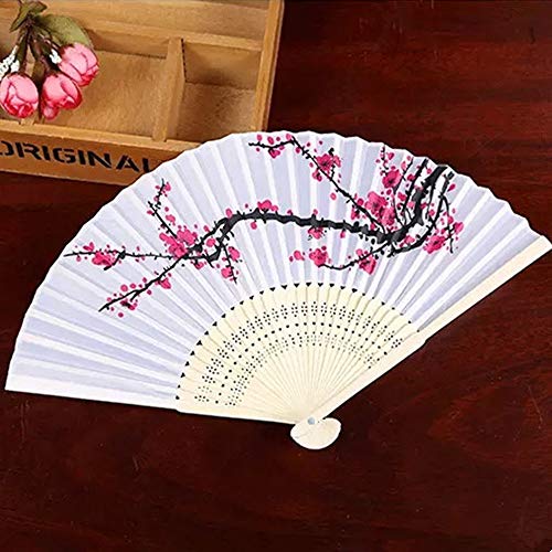 TEEGUI Hand Wedding Party Folding Silk Flower Fan Held Dance Lace Pattern Folding Fans Isolating Fans on Stands (White, One Size)