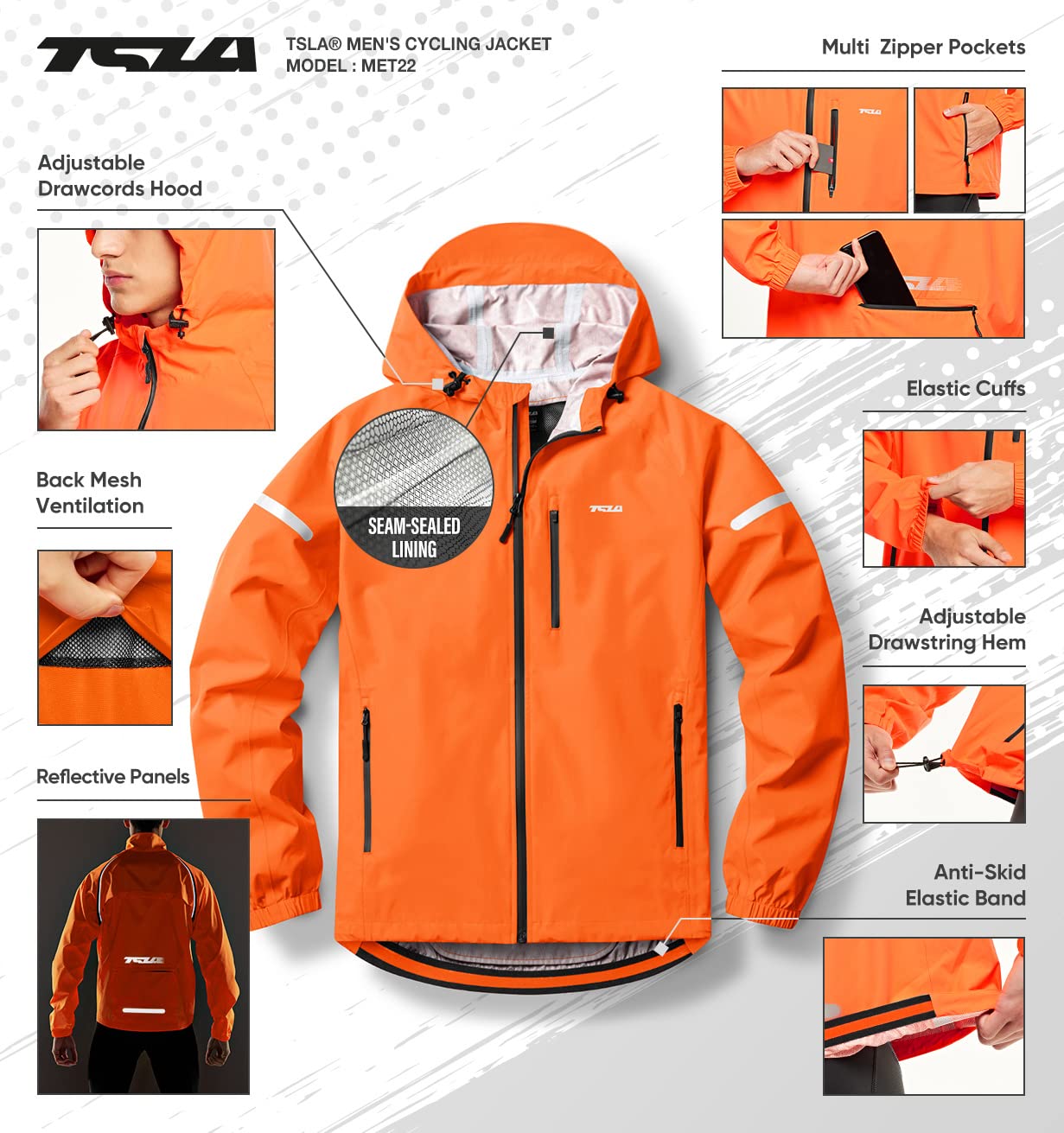 TSLA Men's Cycling Waterproof Jacket, Reflective Hoodie Windbreaker, Packable Bike Rain Jackets with Back Pocket, Cycling Neon Orange, Large