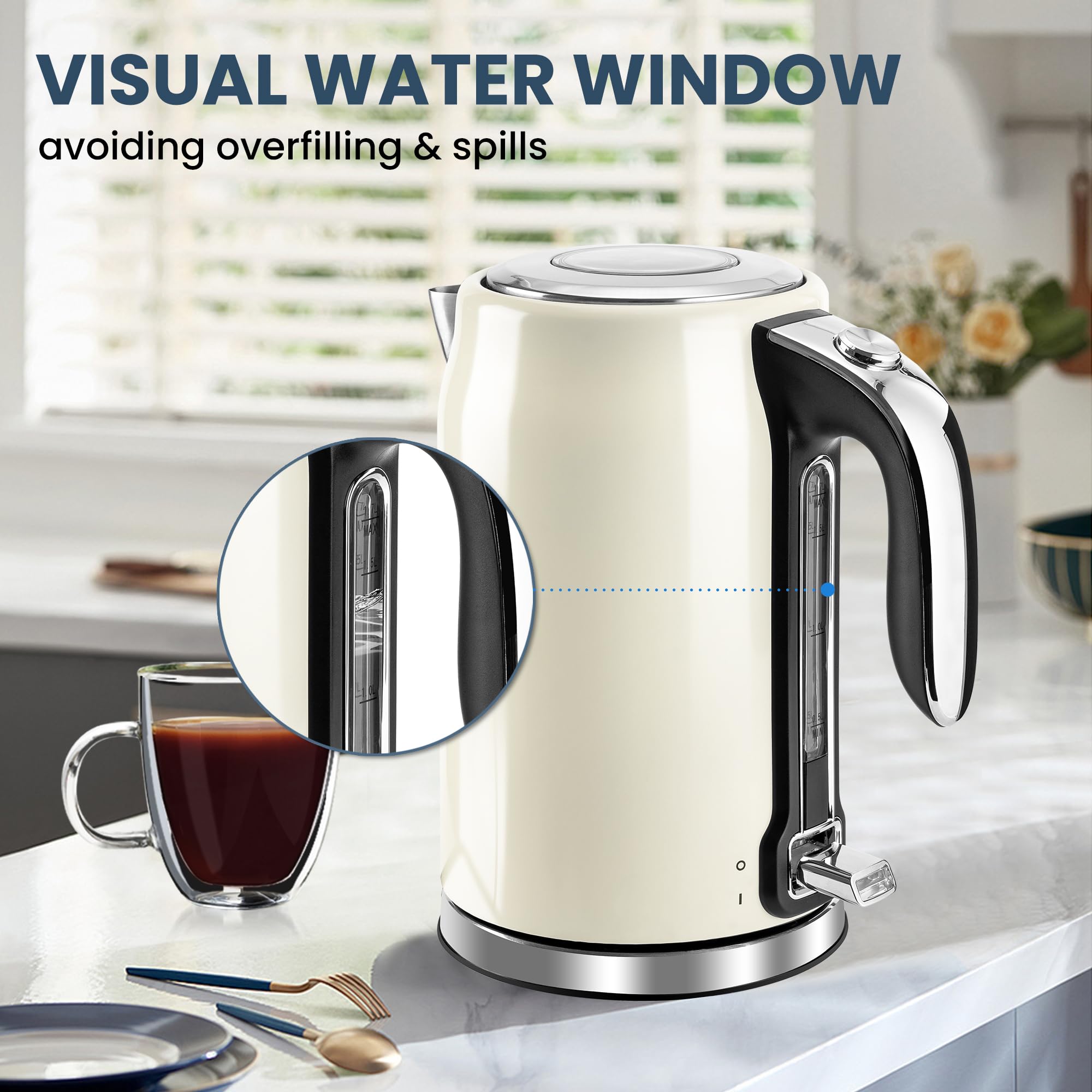 Pukomc Electric Kettle - 1.7L Hot Water Boiler - Stainless Electric Tea kettle with Water Window, Auto Shut-Off and Boil-Dry Protection