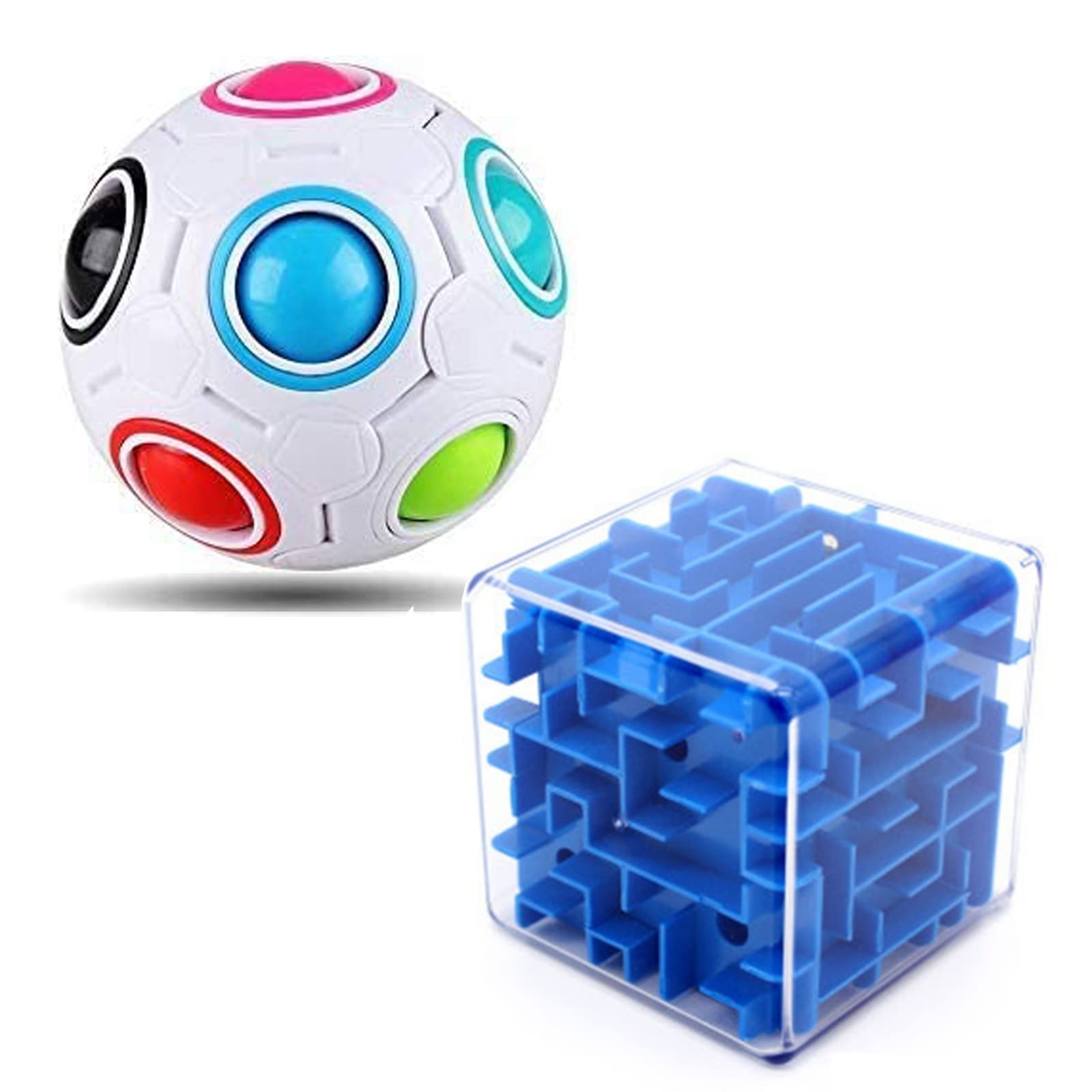 Roxenda Puzzle Toy Set of 2 - Rainbow Puzzle Ball, 3D Maze Magic Cube - Exciting Puzzle Game for Boys and Girls