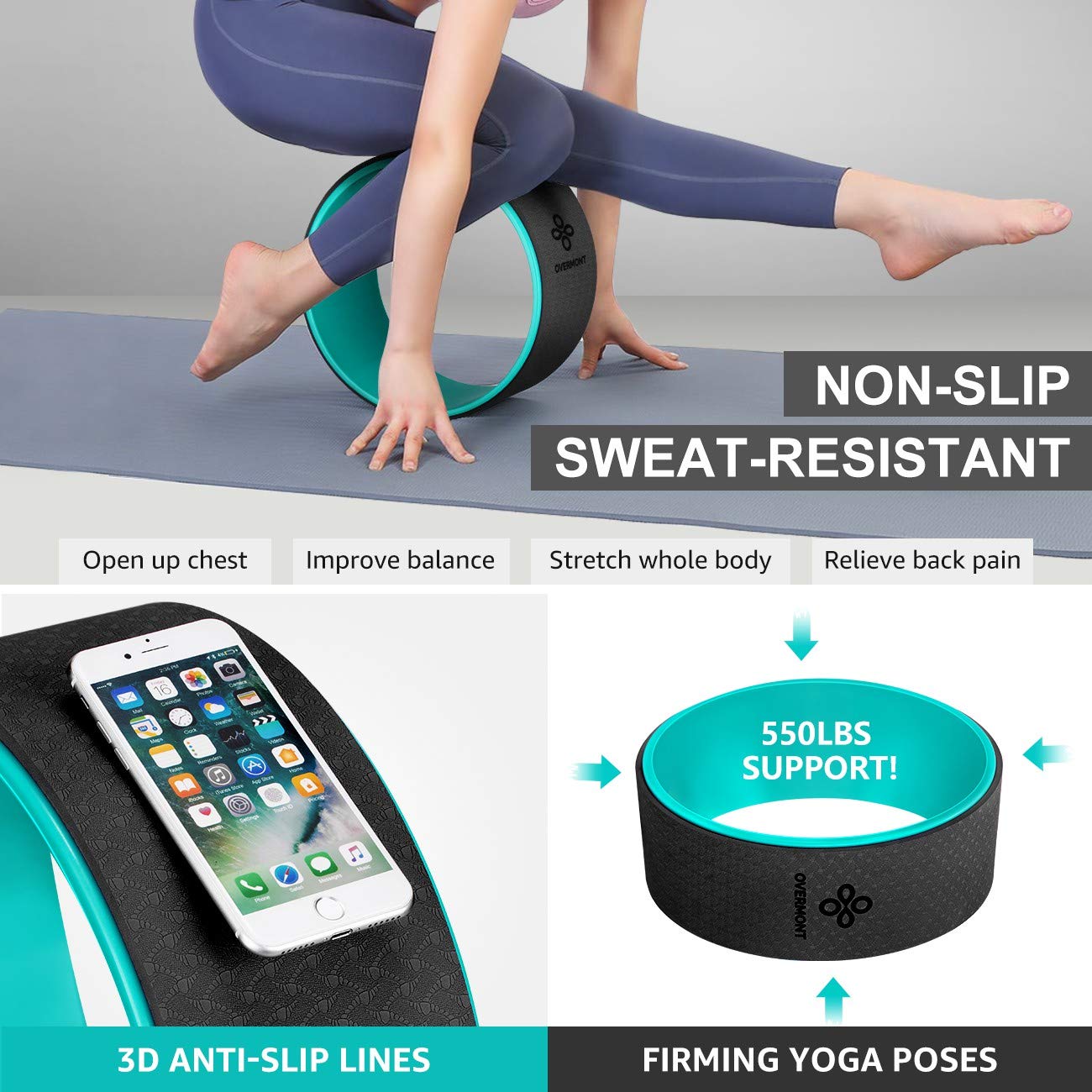 Overmont 5-in-1 Set, 1 Yoga Wheel for Back Pain- 13x 5in, 2 EVA Foam Yoga Blocks with Strap, 1 Extend Ring Premium Back Roller for Yoga Pose Backbend Stretching Pilates Meditation