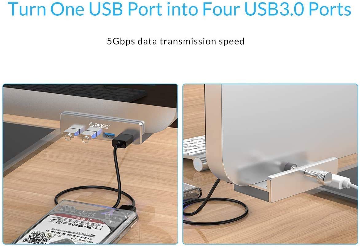 ORICO USB 3.0 Hub Clamp Adapter, Aluminum 4-Port USB Splitter with Extra Power Supply Port and 4.92 FT USB Data Cable, Ultra-Portable USB Expander for 2021 iMac/Laptop/PC