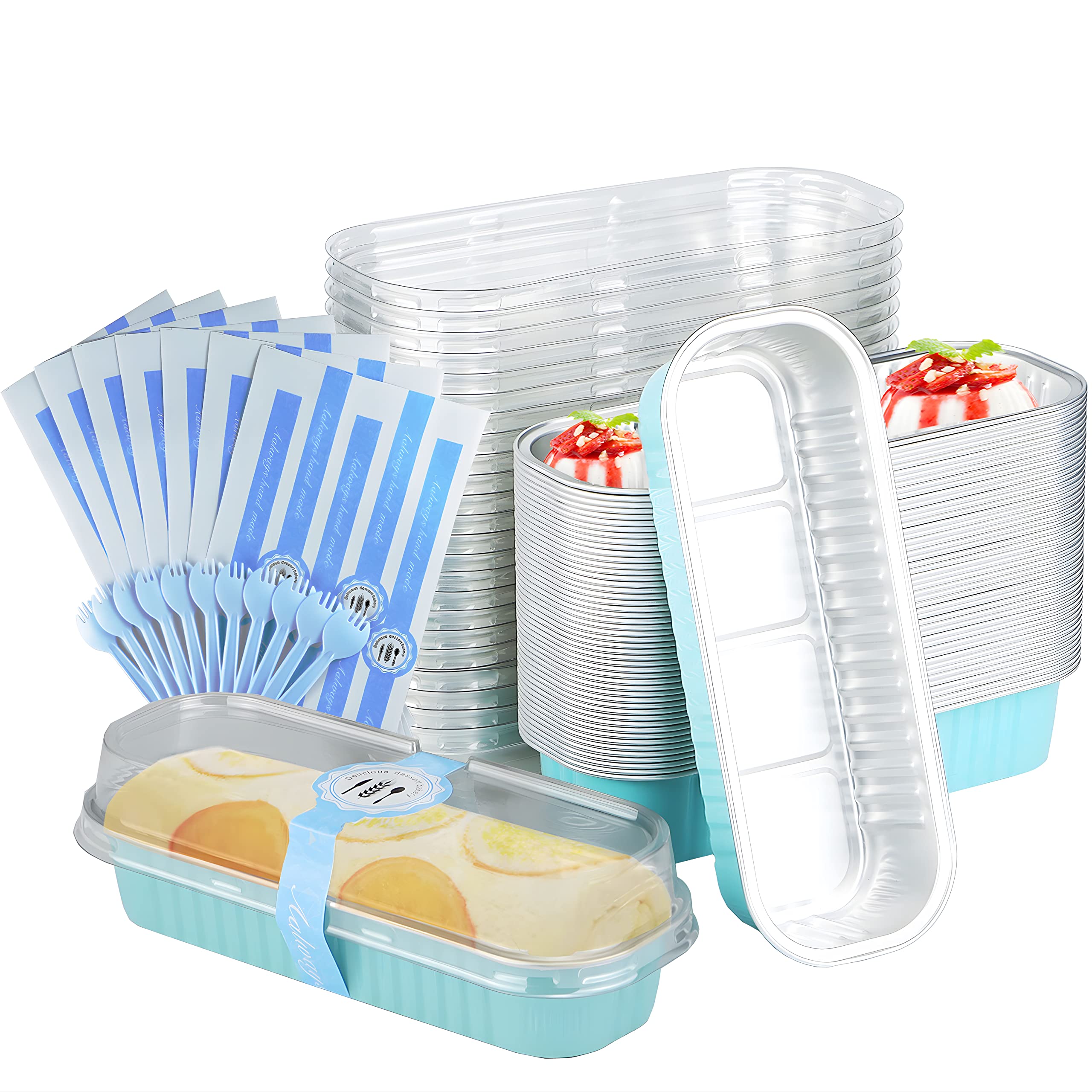 WEKIWGOT Mini Loaf Baking Pans with Lids and Spoons (50 Pack, 6.8oz), Rectangle Aluminum Cupcake Containers with Sealing Sticker, Baking Cups for Cheesecake Creme Brulee Ramekins (Pink)