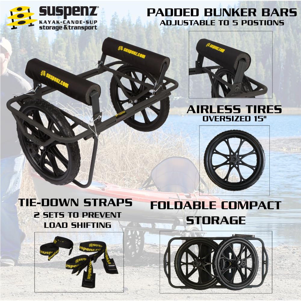 Suspenz Kayak Canoe Transport Cart, All-Terrain Super Duty Trolley Carrier with No-Flat Airless Wheels and Kickstand, 300 lb Load Capacity, Black (22-9908)