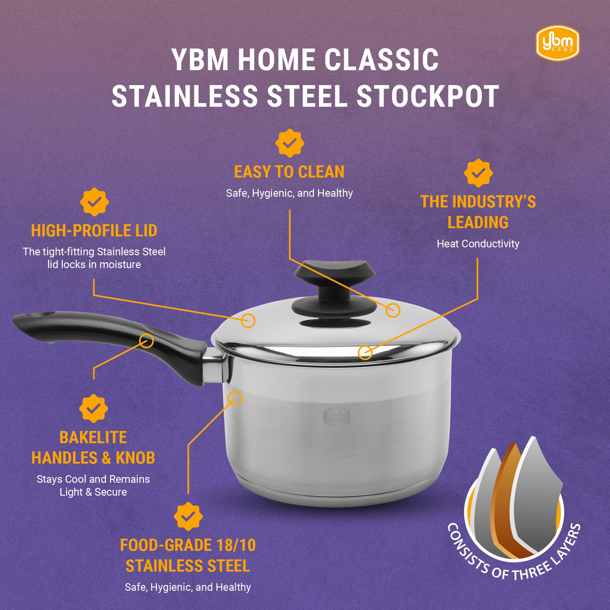 YBM Home Professional Chef’s 18/10 Stainless Steel Sauce Pot Covered Tri-Ply Capsule Base With Bakelite Handle, Terrific Mirror Silver, Induction Compatible - Black