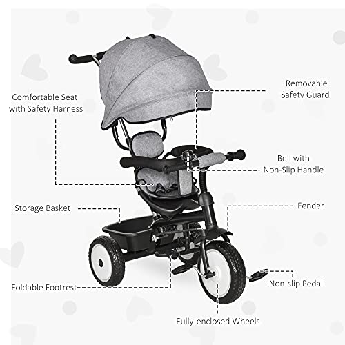 Qaba Baby Tricycle 2 in 1 Trike with Adjustable Canopy Detachable Guardrail Belt for Age 6-60 Months, Grey