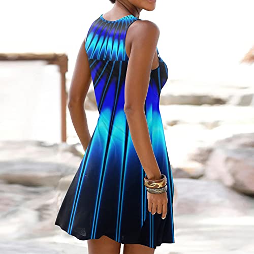 Tank Dress for Women Round Neck Hollow Out Graphic Printed Color Blocking Sleeveless Summer Dress Blue