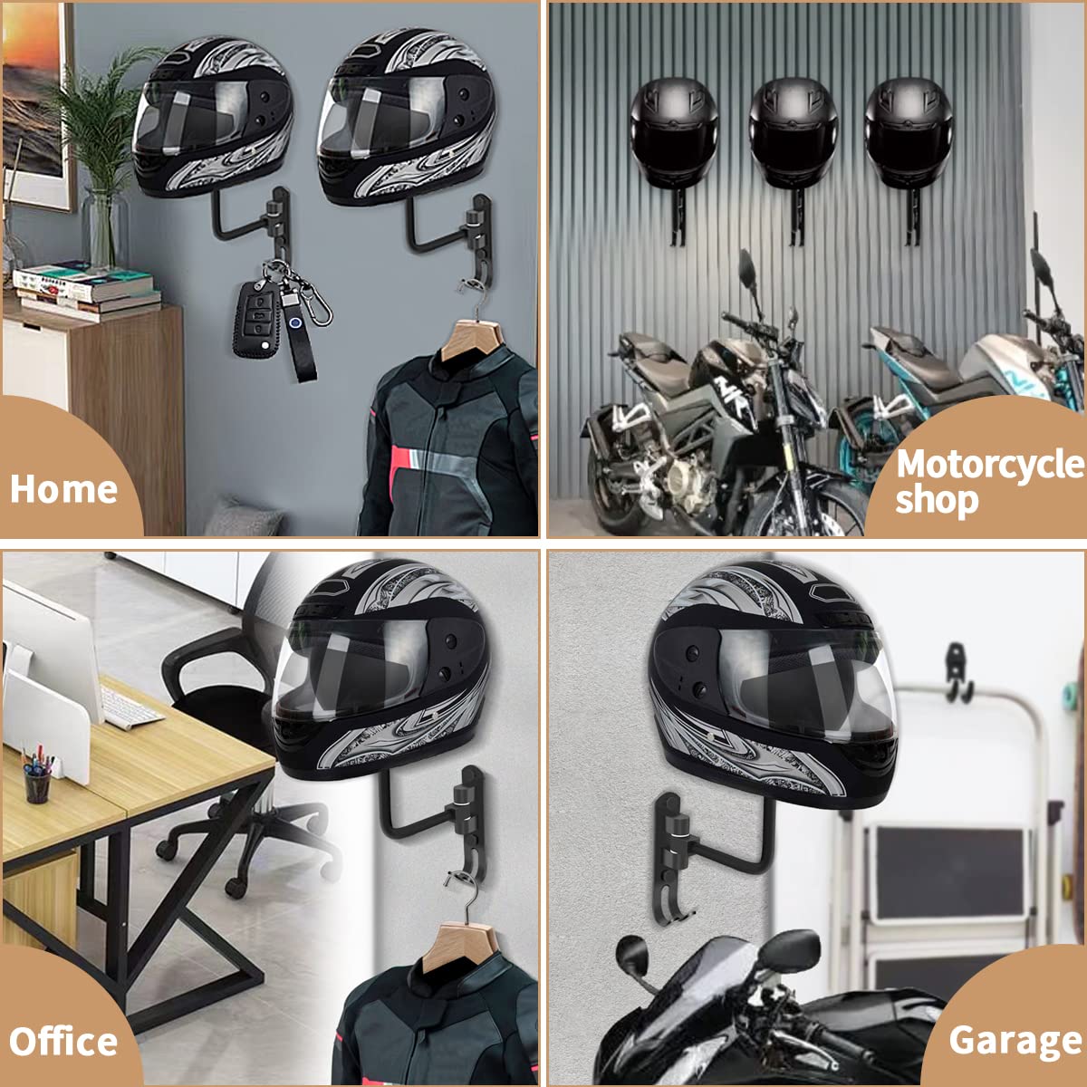 Motorcycle Helmet Rack, Helmet Holder Wall Mount 180° Rotation Hanger with 2 Hook for Coats, Caps, Motorcycle Accessories (Grey, 1 PCS)