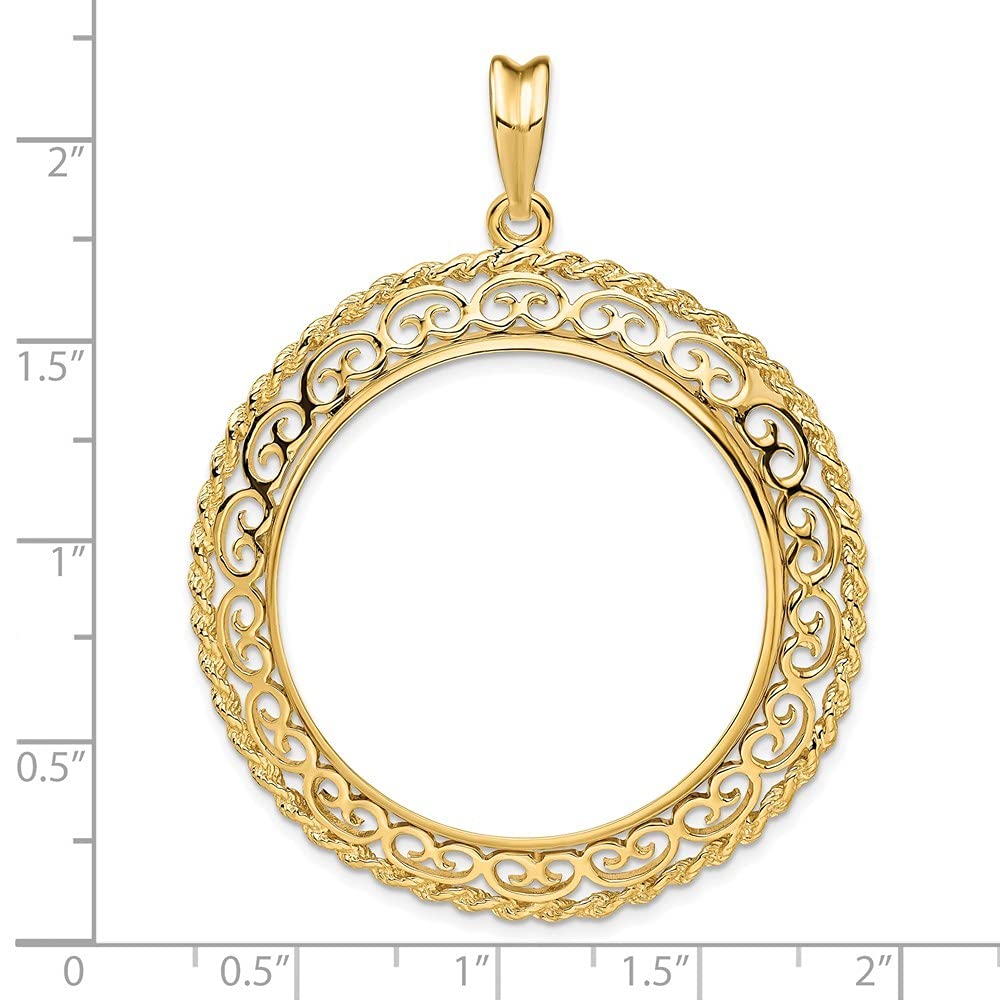Roy Rose Jewelry Gold Coin Pendant Mounting - 32.7mm Coin Size - Scrollwork Filigree with Rope Edge Frame Design - 14K Yellow Gold - Prong Set with Bail