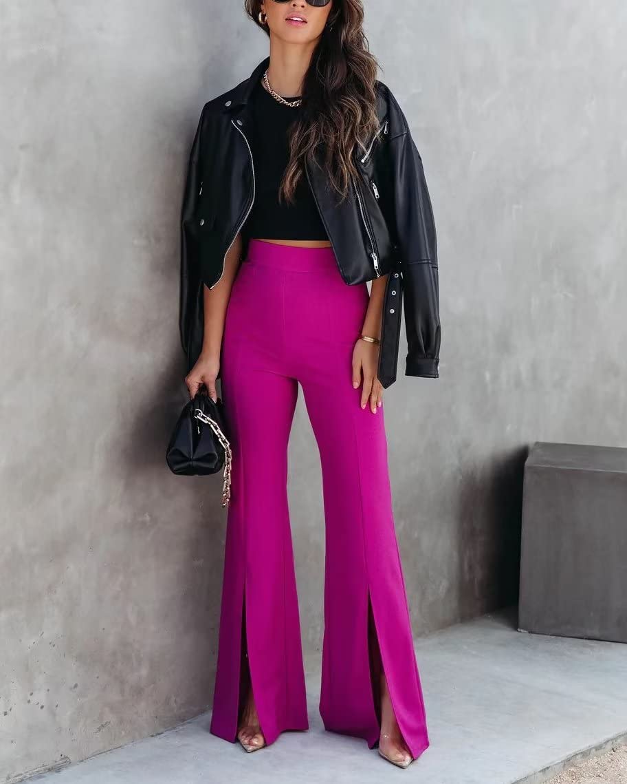 Women Bootcut Yoga Pants Casual High Waist Split Hem Bootleg Leggings Wide Leg Work Pants Rose Red
